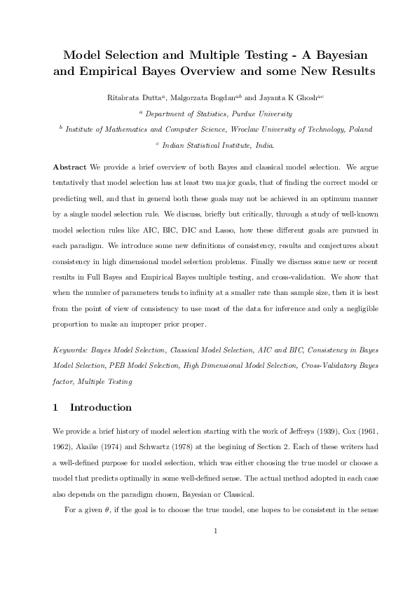 Pdf Model Selection And Multiple Testing A Bayesian And Empirical Bayes Overview And Some