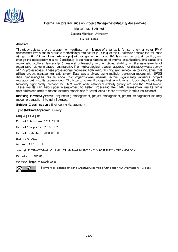(PDF) Internal Factors Influence on Project Management Maturity Assessment