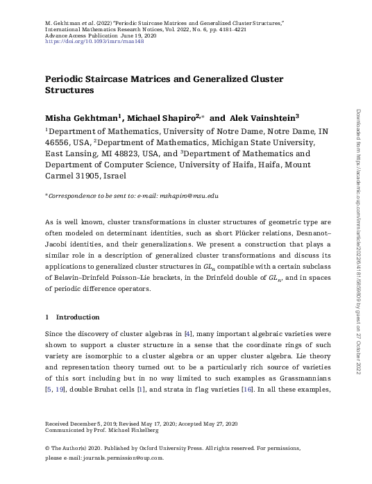 (PDF) Periodic Staircase Matrices and Generalized Cluster Structures