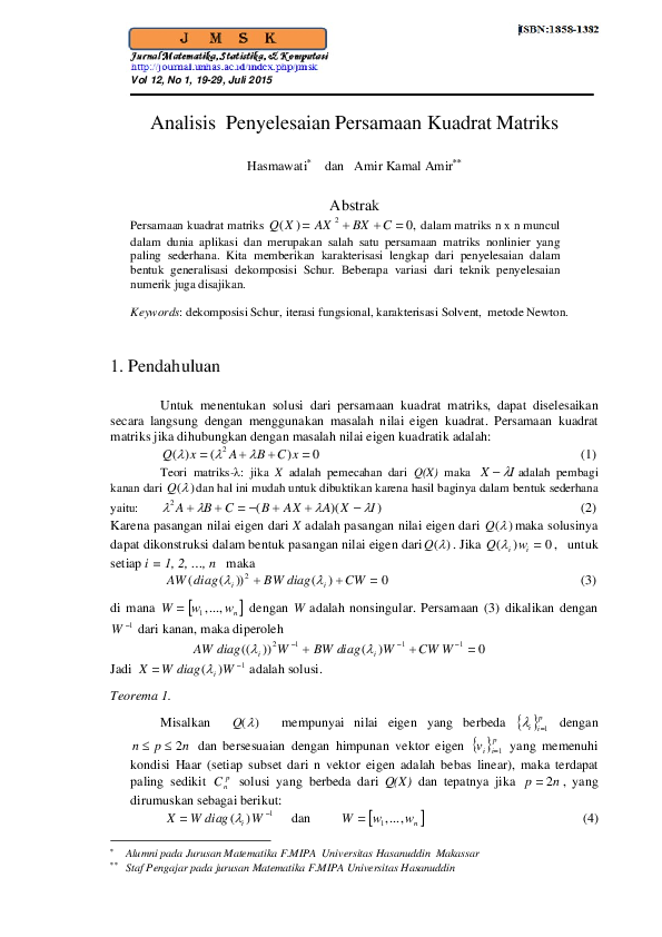 (PDF) Analisis Penyelesaian Persamaan Kuadrat Matriks