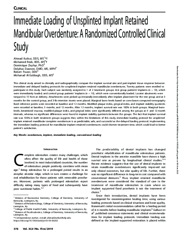 (PDF) Immediate Loading of Unsplinted Implant Retained Mandibular Overdenture: A Randomized ...