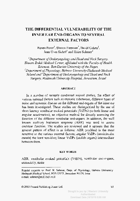 (PDF) The Differential Vulnerability of the Inner Ear End-Organs to Several External Factors