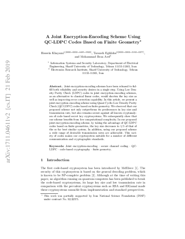 (PDF) A Joint Encryption-Encoding Scheme using QC-LDPC Codes based on Finite Geometry