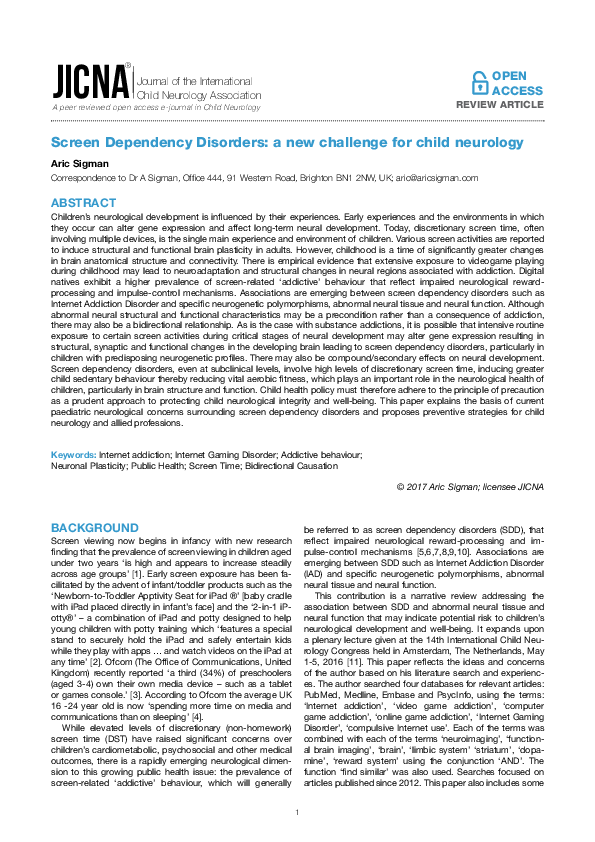 (PDF) Screen Dependency Disorders: a new challenge for child neurology