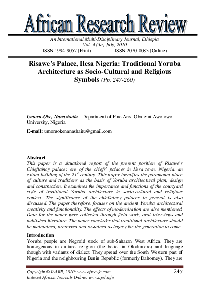 (PDF) Risawe's Palace, Ilesa Nigeria: Traditional Yoruba Architecture ...