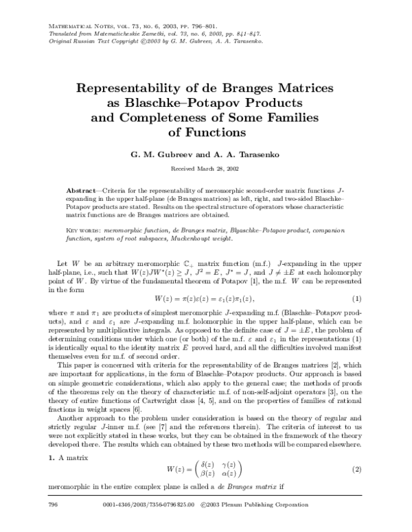 (PDF) Representability of de Branges Matrices as Blaschke--Potapov Products and Completeness of ...