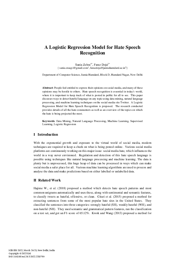 (PDF) A Logistic Regression Model for Hate Speech Recognition