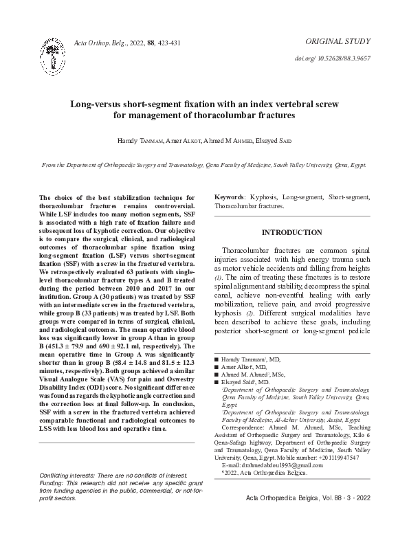 (PDF) Long- versus short-segment fixation with an index vertebral screw ...