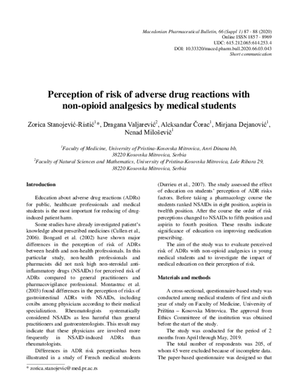 (PDF) Perception of risk of adverse drug reactions with non-opioid ...
