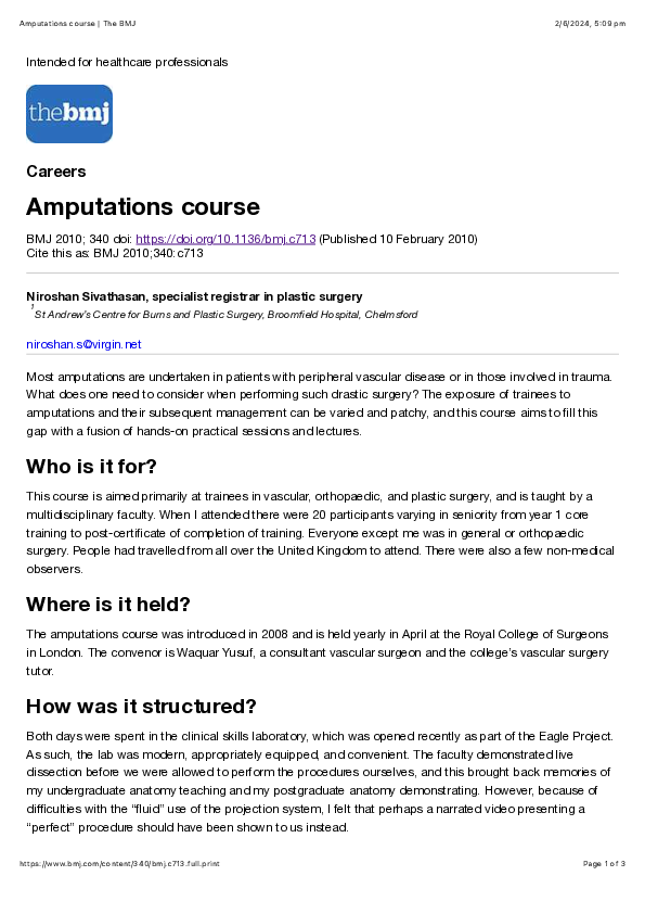 (PDF) Amputations course, by Niroshan Sivathasan, specialist registrar in plastic surgery