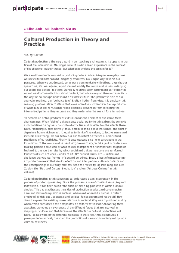 (PDF) Cultural Production in Theory and Practice