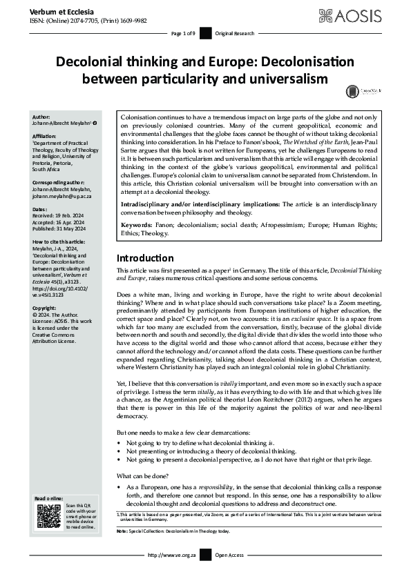 (PDF) Decolonial thinking and Europe: Decolonisation between particularity and universalism