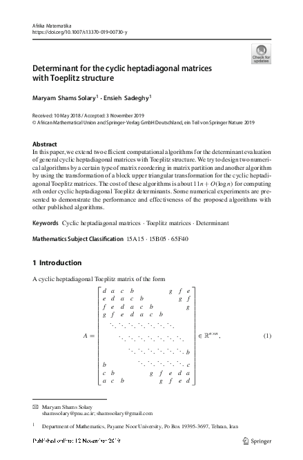(PDF) Determinant for the cyclic heptadiagonal matrices with Toeplitz structure