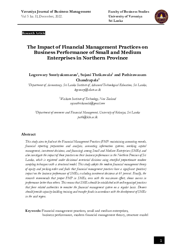 (PDF) The Impact of Financial Management Practices on Business Performance of Small and Medium ...