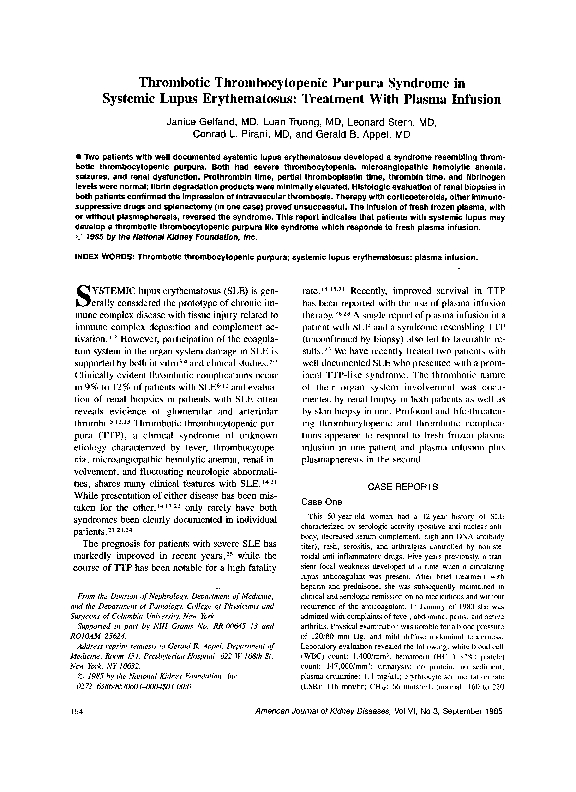 (PDF) Thrombotic Thrombocytopenic Purpura Syndrome in Systemic Lupus ...