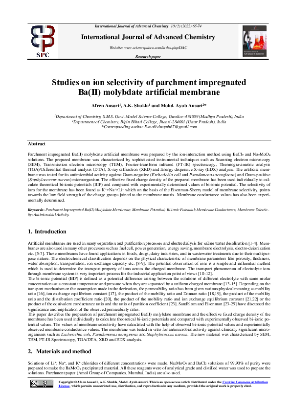 (PDF) Studies on ion selectivity of parchment impregnated Ba(II ...