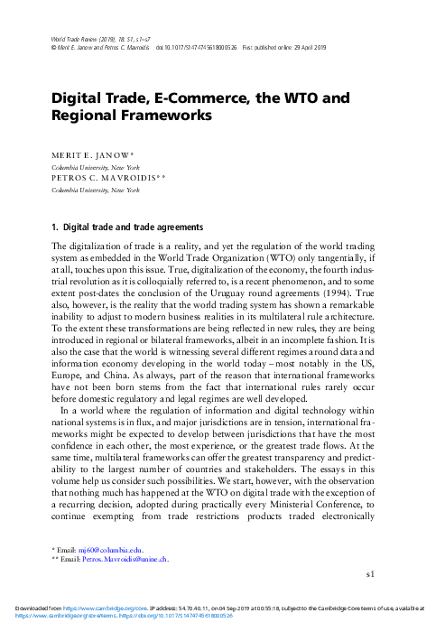 (PDF) Digital Trade, E-Commerce, the WTO and Regional Frameworks