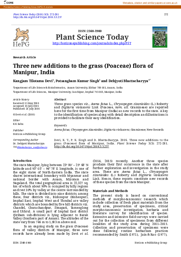 (PDF) Three new additions to the grass (Poaceae) flora of Manipur, India