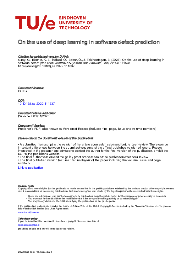 (PDF) On the use of deep learning in software defect prediction