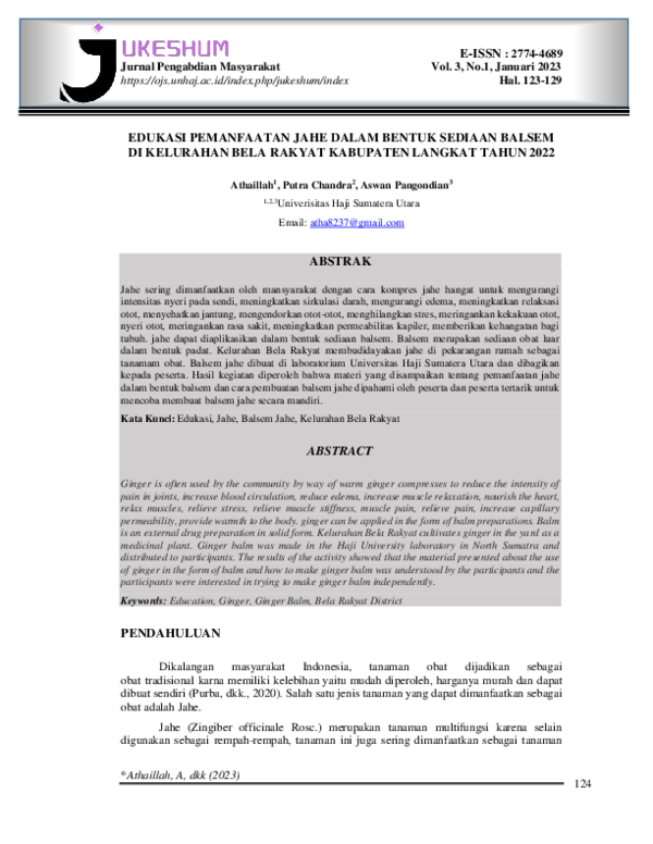 (PDF) Edukasi Pemanfaatan Jahe dalam Bentuk Sediaan Balsem di Kelurahan ...