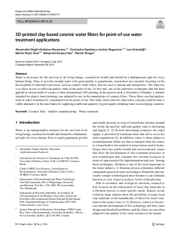 (PDF) 3D-printed clay-based ceramic water filters for point-of-use ...