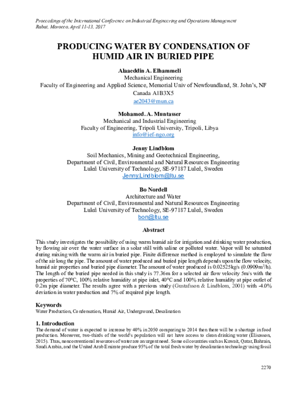 (PDF) Producing water by condensation of humid air in buried pipe