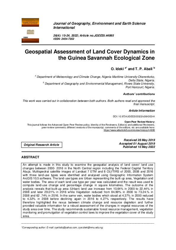 (PDF) Geospatial Assessment of Land Cover Dynamics in the Guinea Savannah Ecological Zone