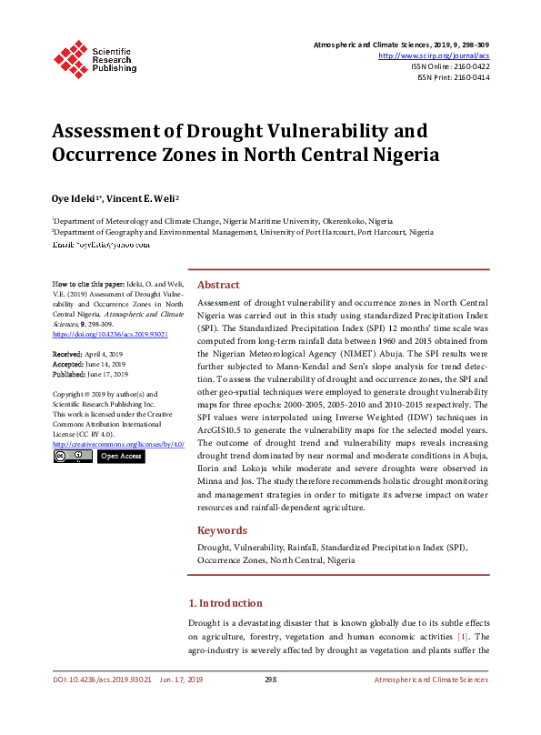 (PDF) Assessment of Drought Vulnerability and Occurrence Zones in North Central Nigeria
