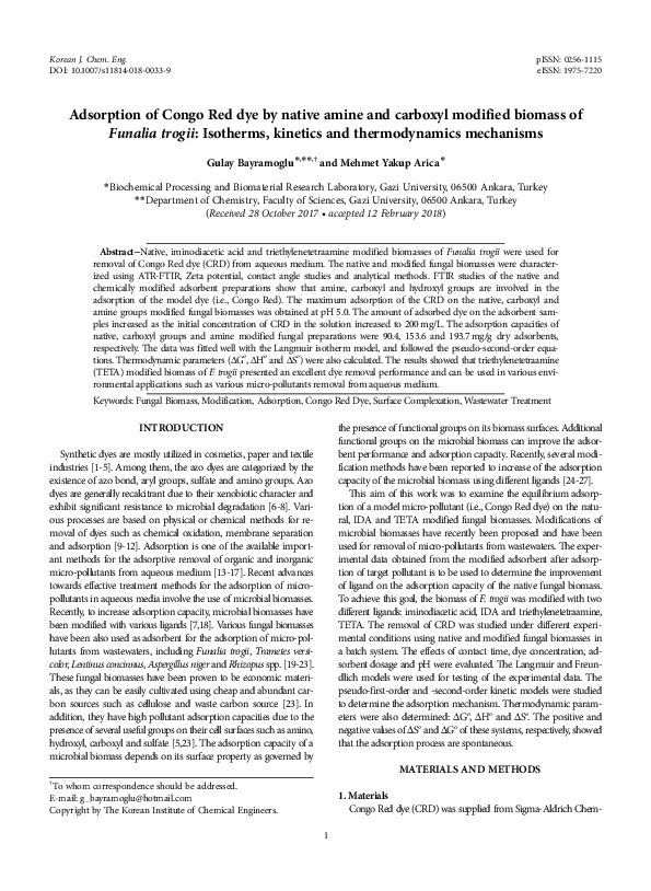 (PDF) Adsorption of Congo Red dye by native amine and carboxyl modified ...