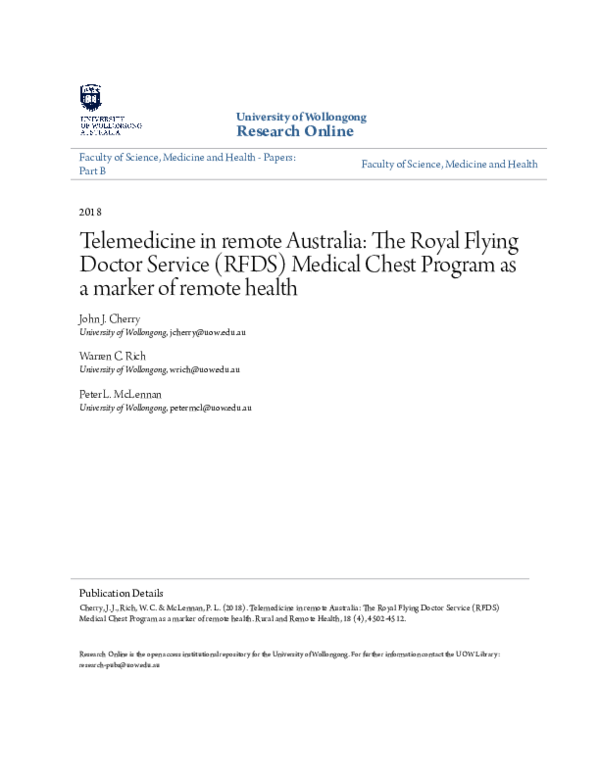 (PDF) Telemedicine in remote Australia: The Royal Flying Doctor Service ...