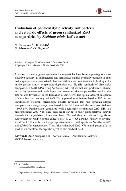 (PDF) Evaluation of photocatalytic activity, antibacterial and cytotoxic effects of green ...
