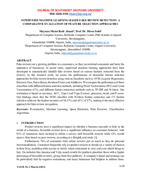 (PDF) SUPERVISED MACHINE LEARNING-BASED FAKE REVIEW DETECTION: A ...