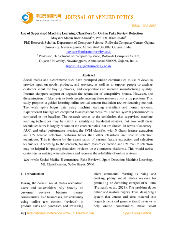 (PDF) Use of Supervised Machine Learning Classifiers for Online Fake Review Detection
