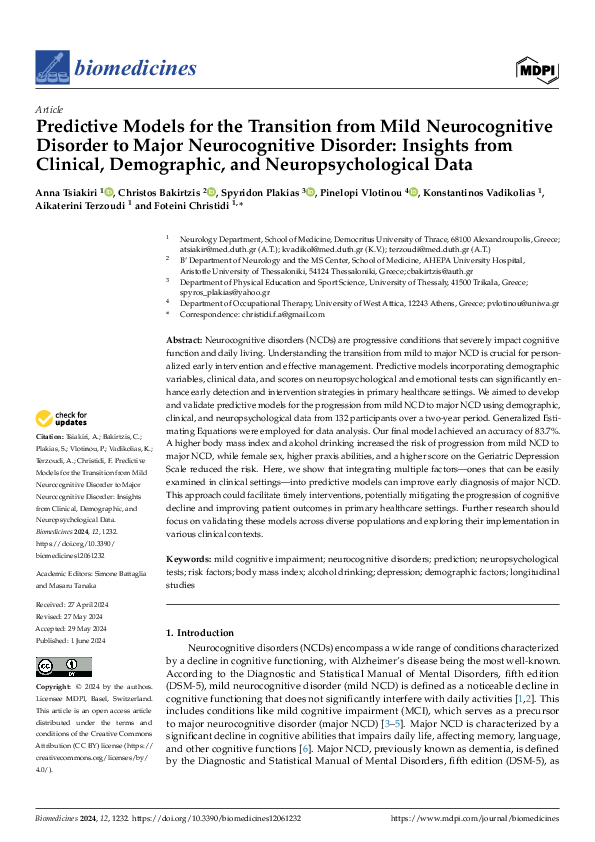 (PDF) Predictive Models for the Transition from Mild Neurocognitive ...