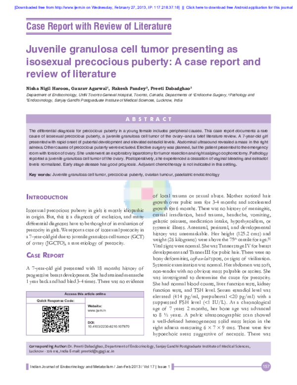 (PDF) Juvenile granulosa cell tumor presenting as isosexual precocious ...