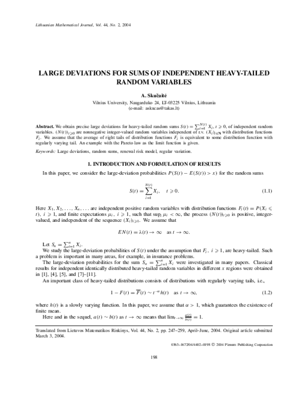 (PDF) Large Deviations for Sums of Independent Heavy-Tailed Random Variables