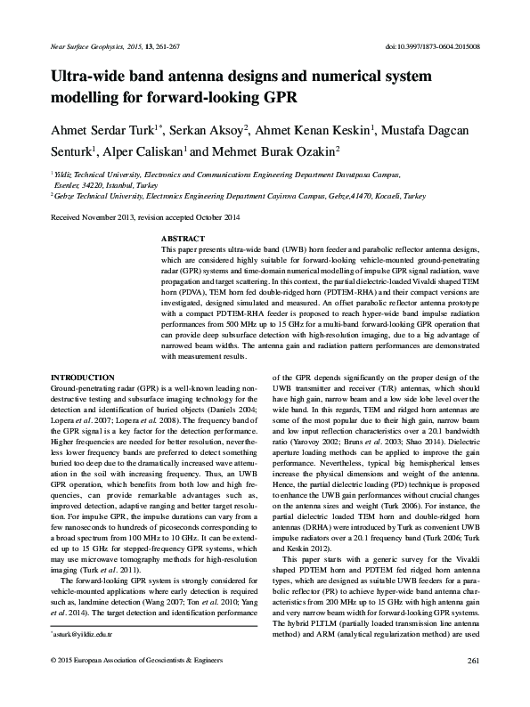 (PDF) Ultra‐wide band antenna designs and numerical system modelling for forward‐looking GPR
