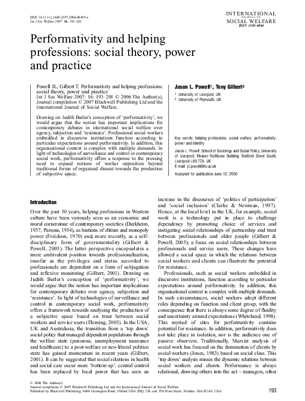 (PDF) Performativity and helping professions: social theory, power and practice