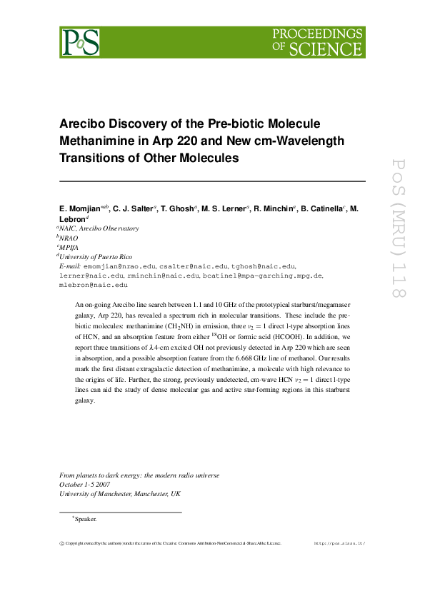 (PDF) Arecibo discovery of the pre-biotic molecule methanimine in Arp220 and new cm-wavelength ...
