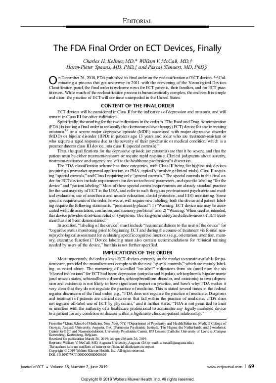 (PDF) The FDA Final Order on ECT Devices, Finally