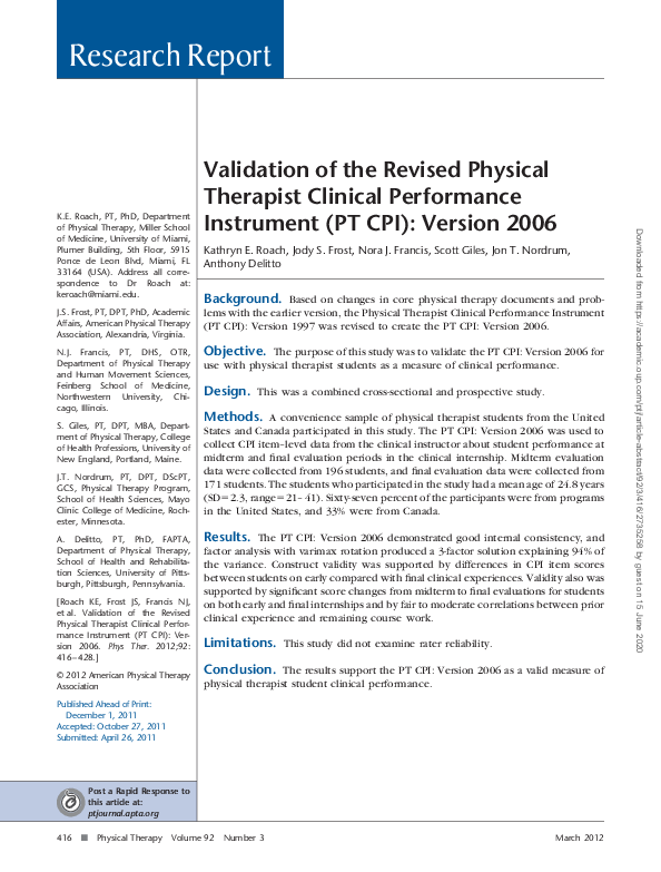 (PDF) Validation of the Revised Physical Therapist Clinical Performance ...