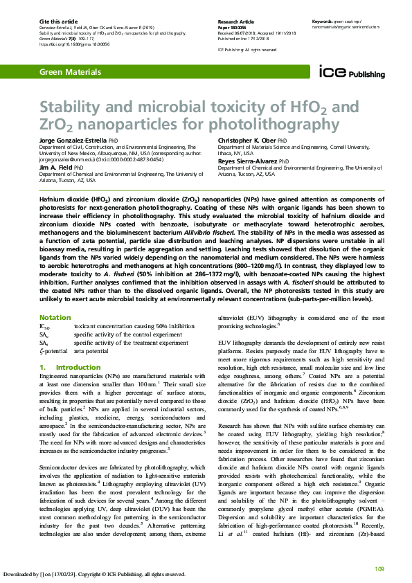 (PDF) Stability and microbial toxicity of HfO2 and ZrO2 nanoparticles for photolithography