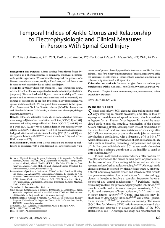 (PDF) Temporal Indices of Ankle Clonus and Relationship to ...
