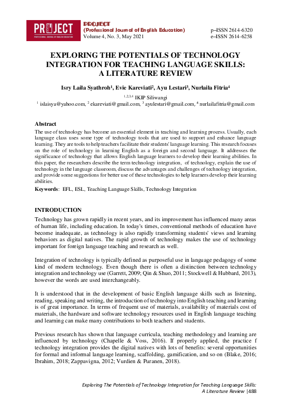 (PDF) Exploring the Potentials of Technology Integration for Teaching Language Skills: A ...