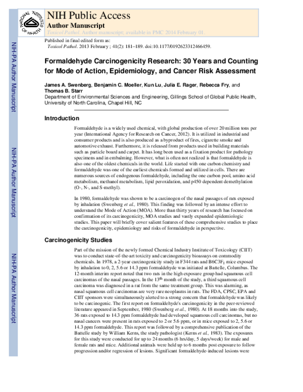 (PDF) Formaldehyde Carcinogenicity Research: 30 Years and Counting for ...