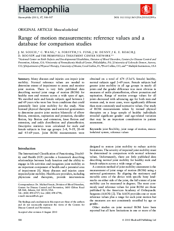 (PDF) Range of motion measurements: reference values and a database for ...
