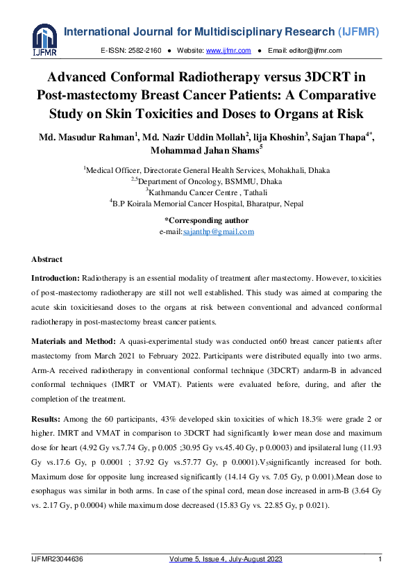 (PDF) Advanced Conformal Radiotherapy versus 3DCRT in Post-mastectomy ...