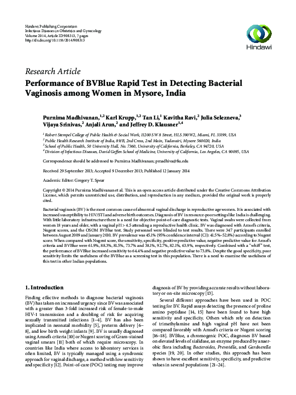 (PDF) Performance of BVBlue Rapid Test in Detecting Bacterial Vaginosis ...
