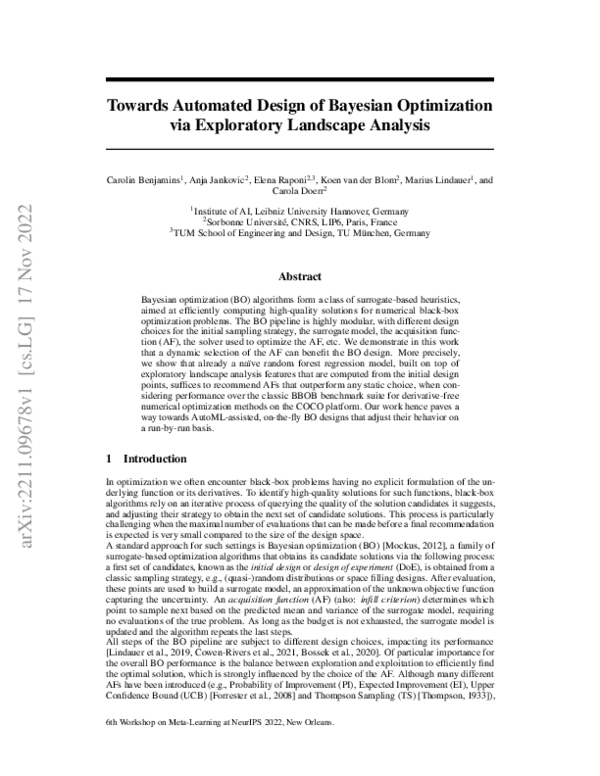 (PDF) Towards Automated Design of Bayesian Optimization via Exploratory Landscape Analysis