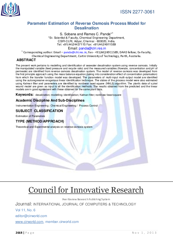 (PDF) Parameter Estimation of Reverse Osmosis Process Model for Desalination